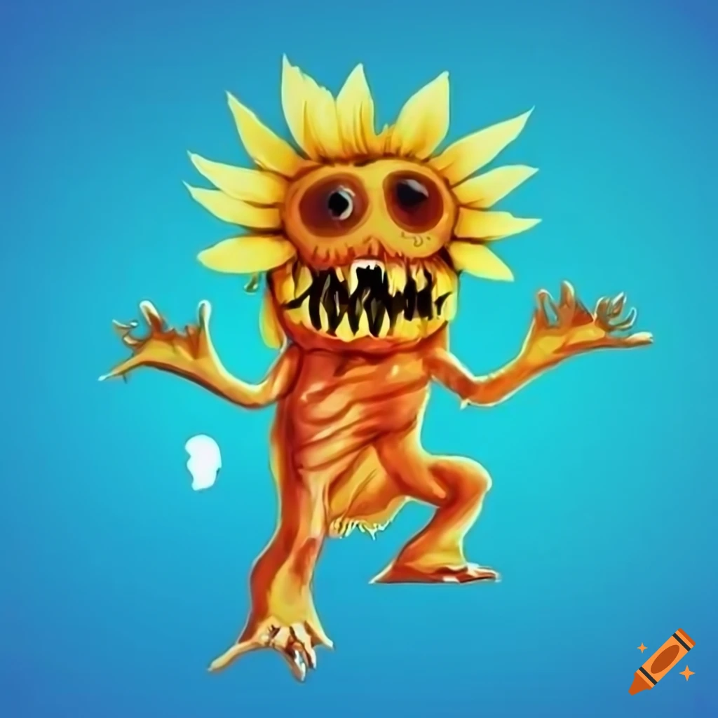 Child's drawing of an adorable dancing monster with sunflower head and ...