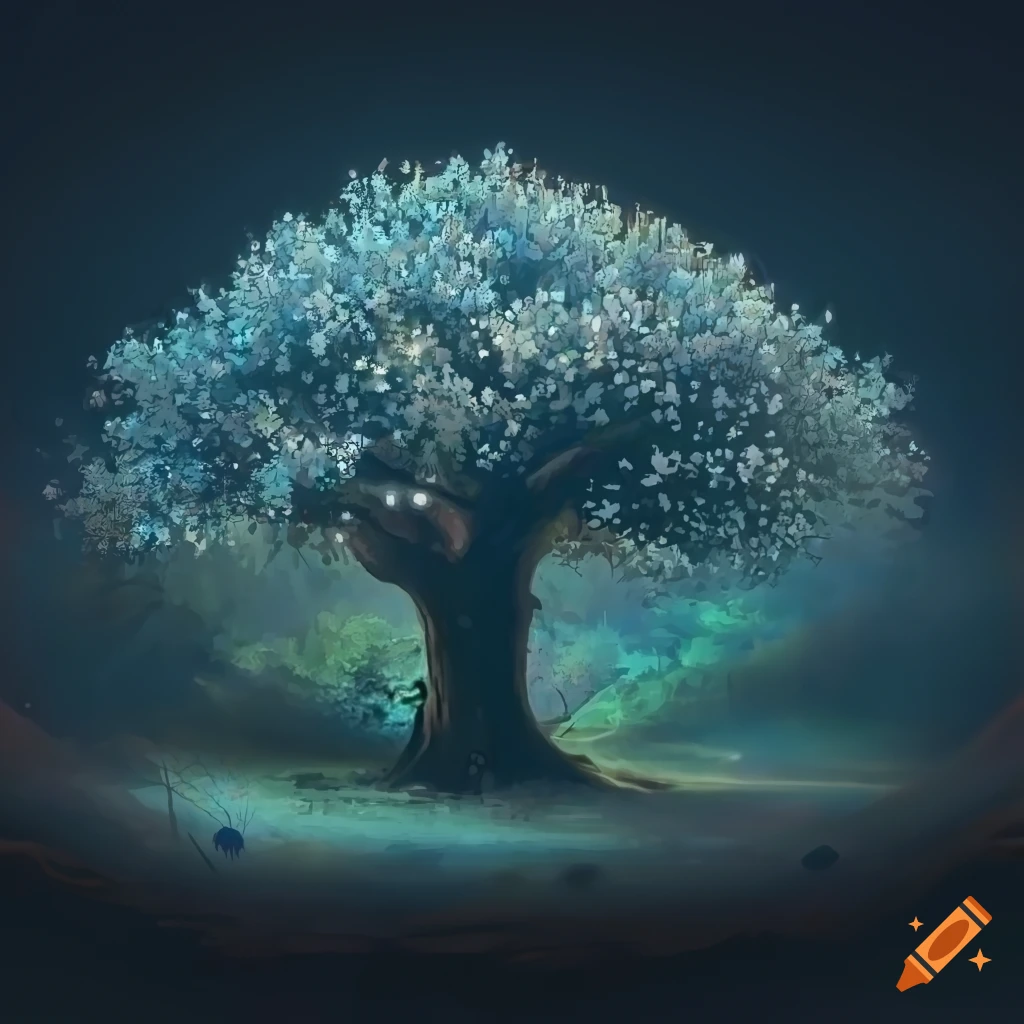 Celestial blossom oak tree in mystical forest with glowing silver and ...