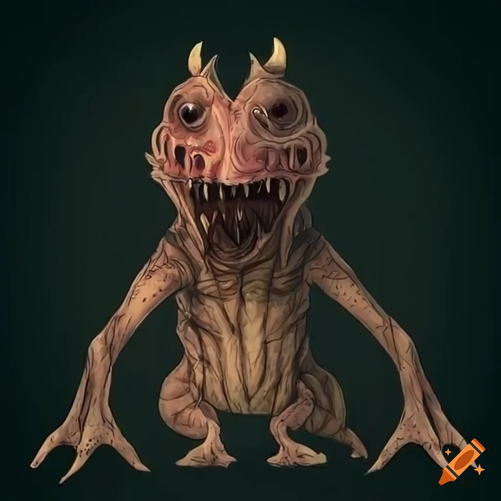 Adorable dancing monster with sunflower head and scaly skin in warm ...