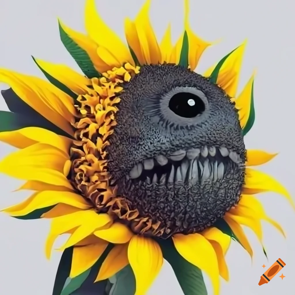 Black and purple monster with yellow sunflower design on white ...