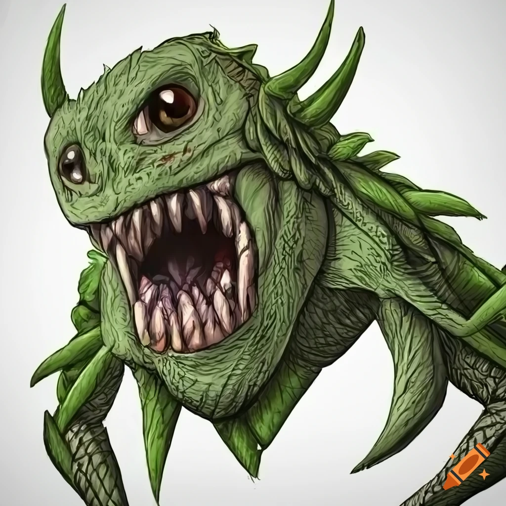Adorable monster with sharp teeth, symmetrical anatomy, and leaf ...