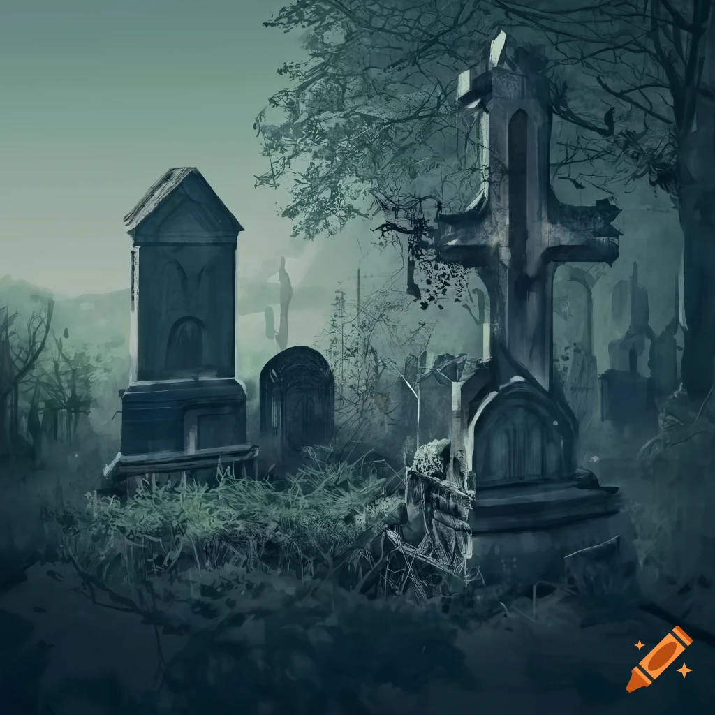 Illustration of an old and abandoned graveyard with high details on Craiyon