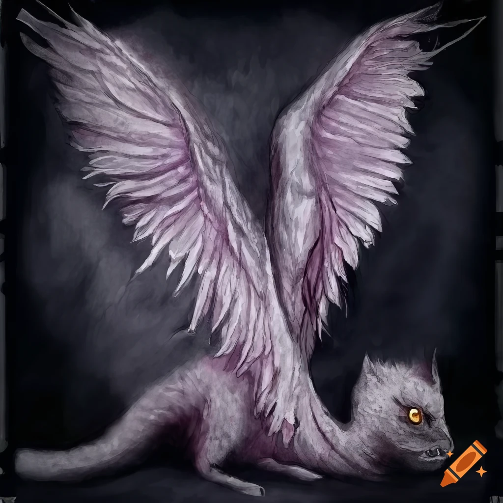 Detailed drawing of a monster with silky fur and feathery wings in the ...