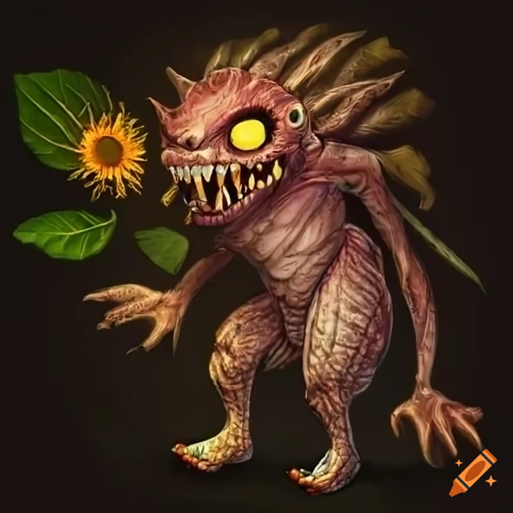 Adorable dancing monster with sunflower head and leaf arms in warm ...