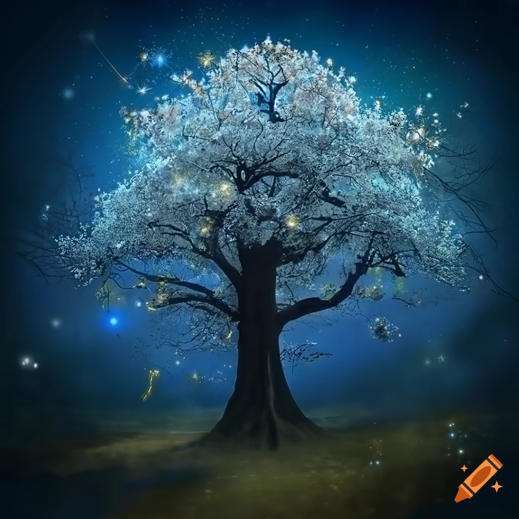 Celestial bloom oak tree with glowing silver and gold leaves in a mystical forest on Craiyon