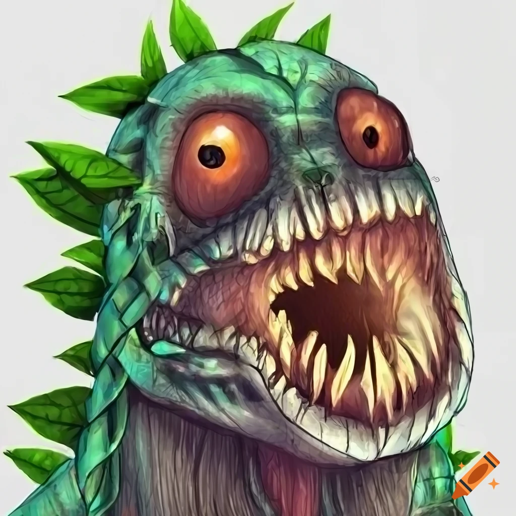 Adorable monster with sharp teeth, scaly skin, and braids in a ...