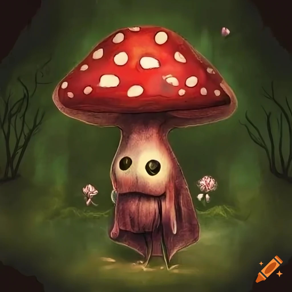 Adorable fairytale mushroom-monster with flowers in a forest setting on ...