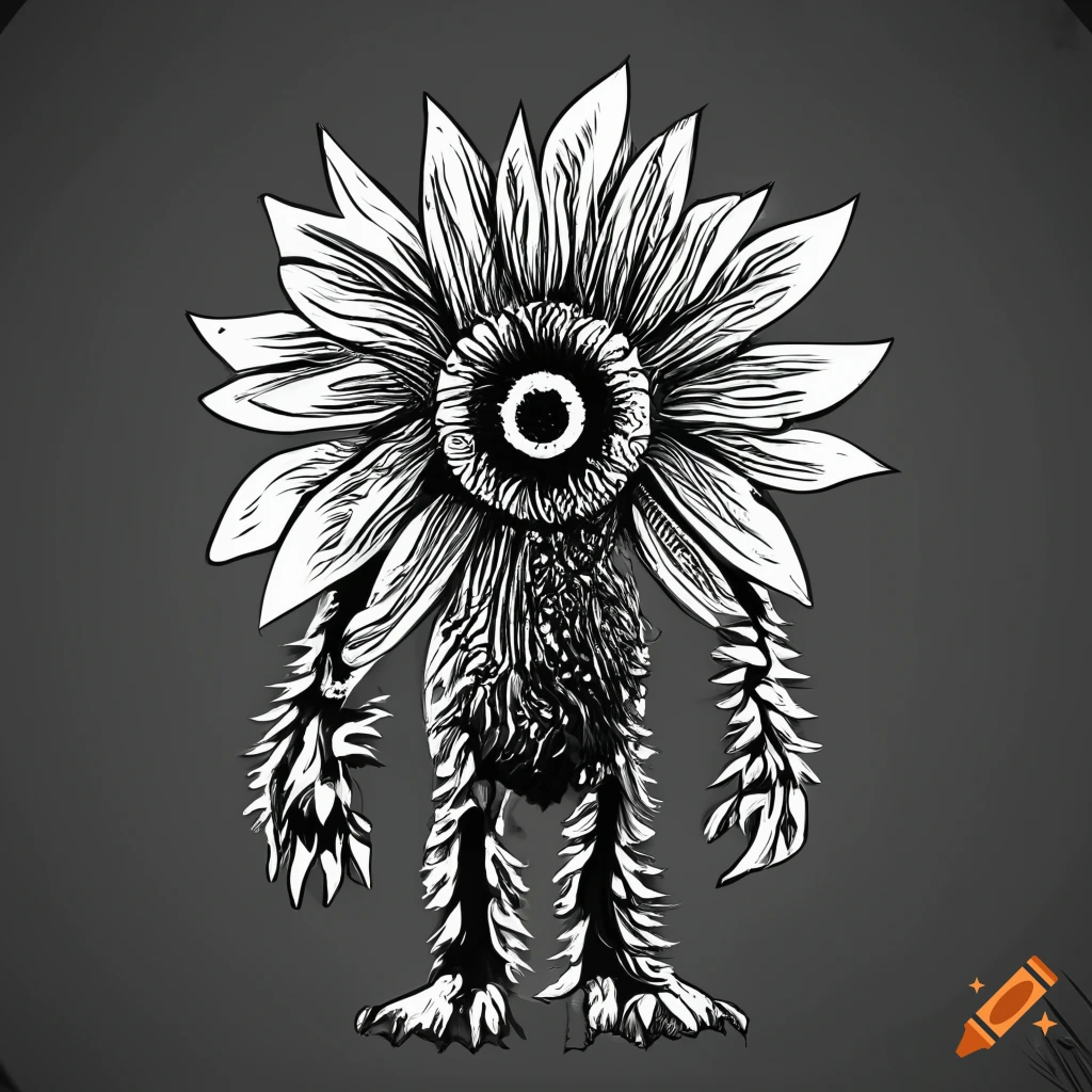 Black and purple monster holding a sunflower on white background for ...