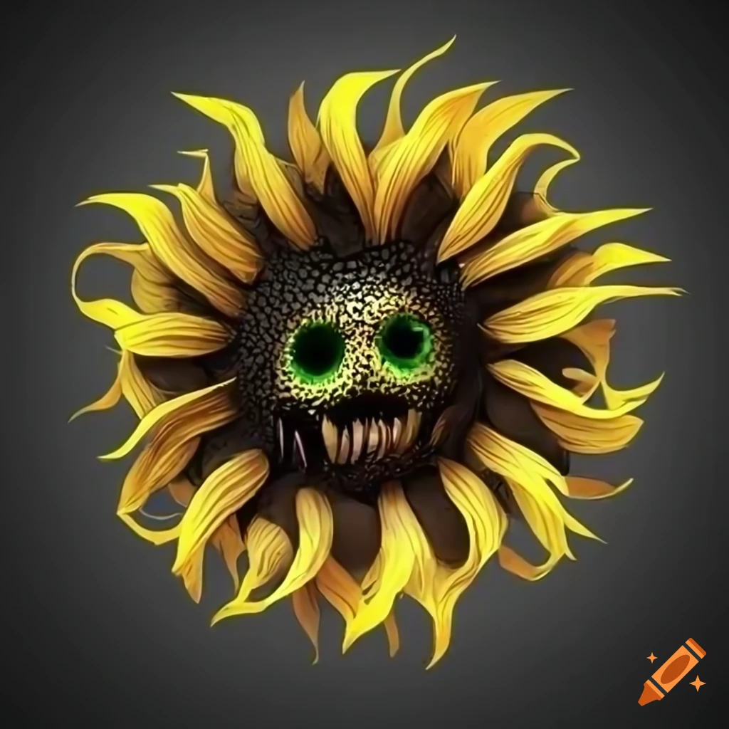 Black and yellow monster-sunflower design on white background on Craiyon