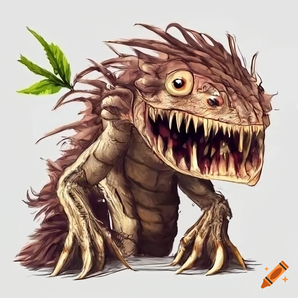 Adorable monster with detailed scaly skin and braid hair, surrounded by ...