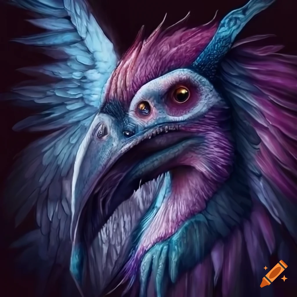 Detailed drawing of a monster with silky fur and feathery wings in the ...