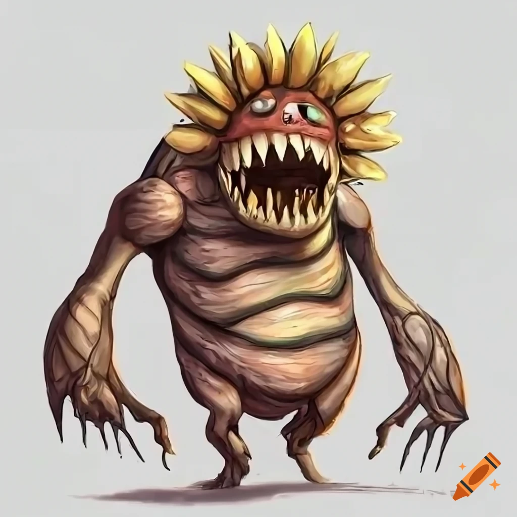 Adorable monster with sunflower head and leaf arms dancing in warm ...