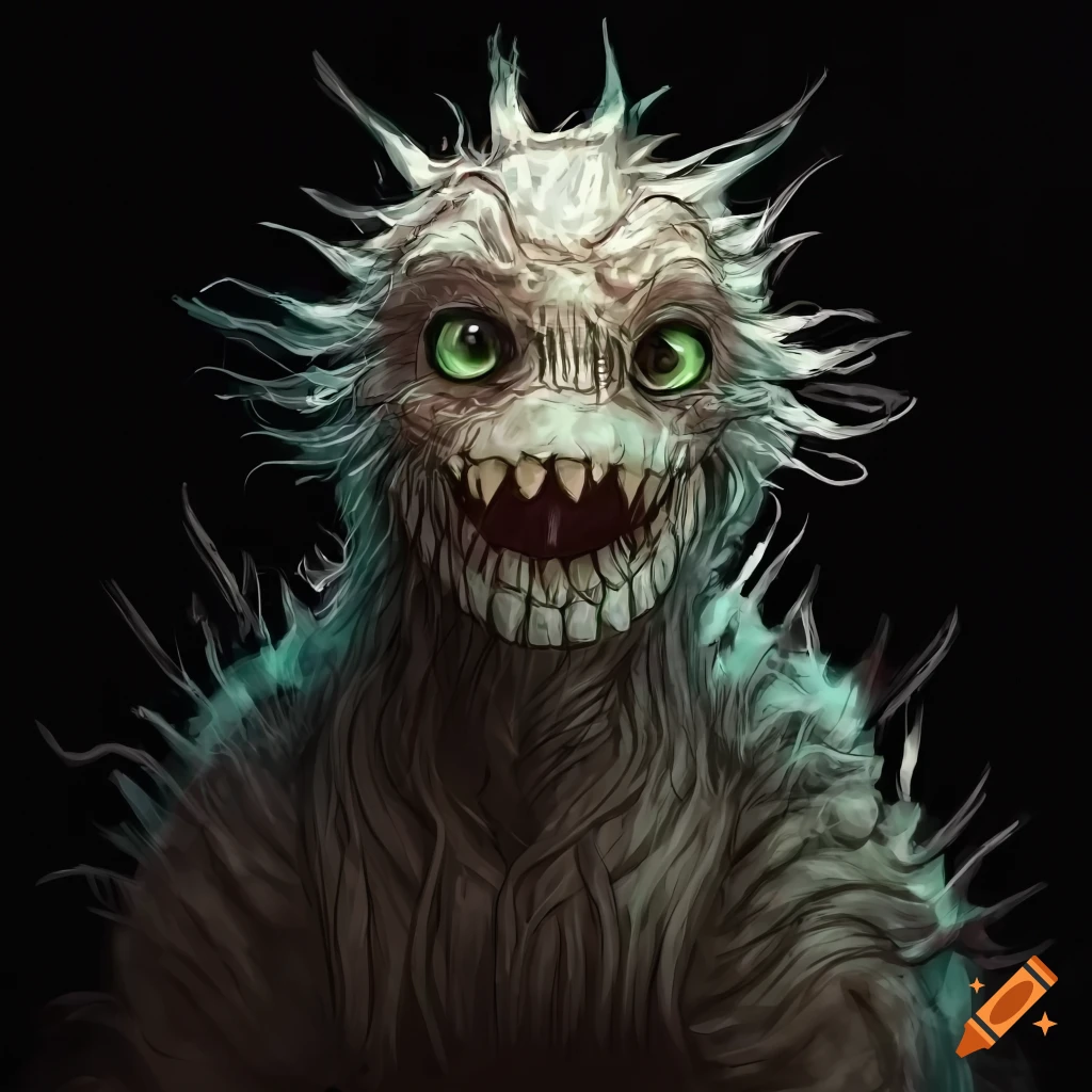 Drawing of an adorable monster with sharp teeth and scaly skin, adorned ...