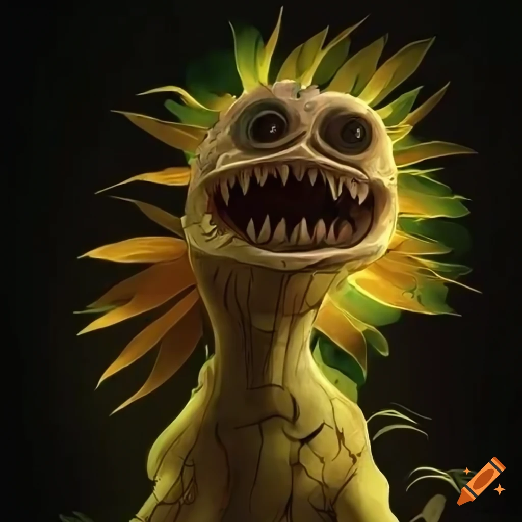 Adorable dancing monster with sunflower head and scaly skin in warm ...