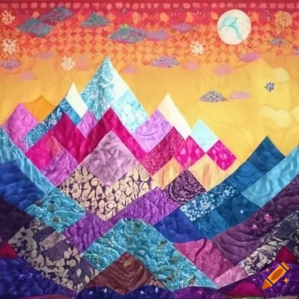 Enchanting nature-inspired quilt with fairy tale elements and mountains ...