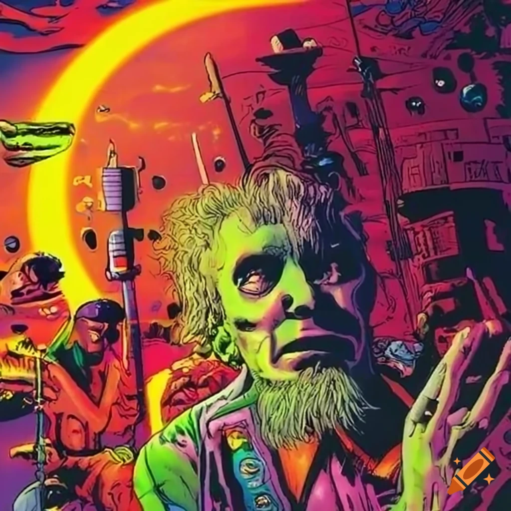 1970s epic psychedelic comic book of a space station in an underground ...