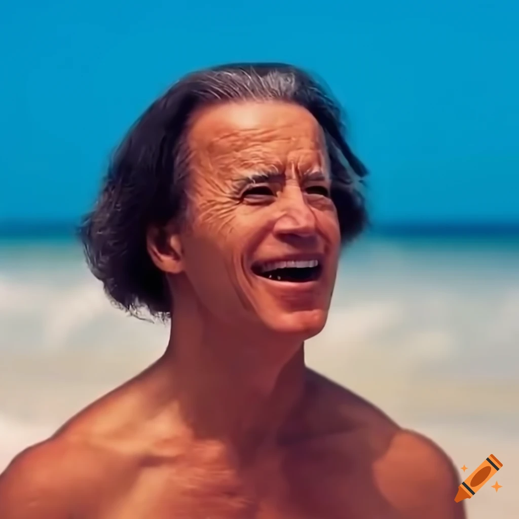 Joe biden with open shirt on beach in photorealistic style on Craiyon