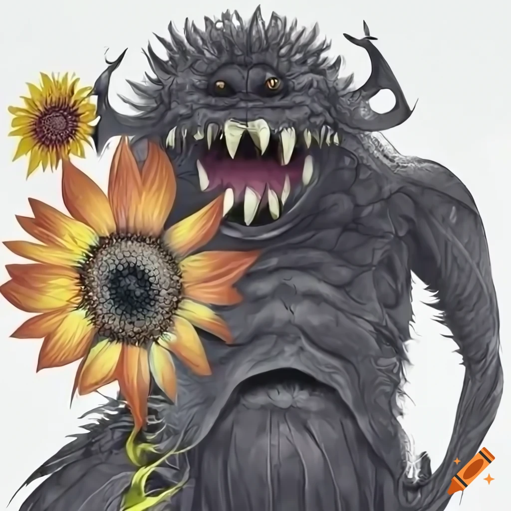 Black and purple monster holding a sunflower on white background for ...