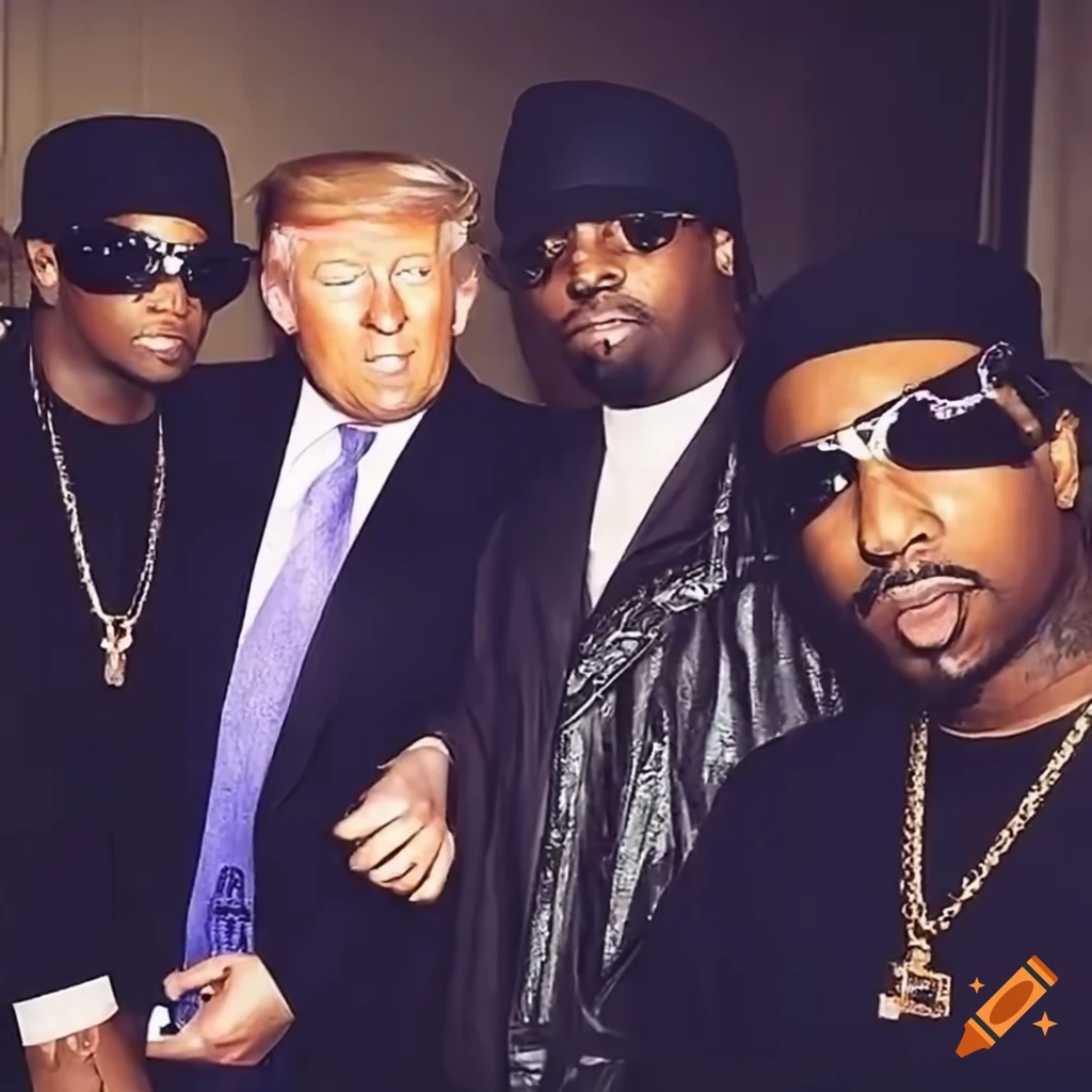 Satirical depiction of donald trump with a hip-hop crew on Craiyon