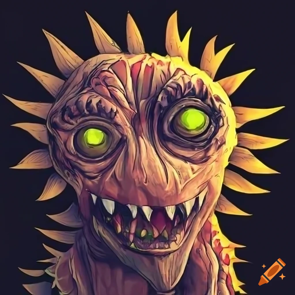 Adorable dancing monster with sunflower head and scaly skin in warm ...