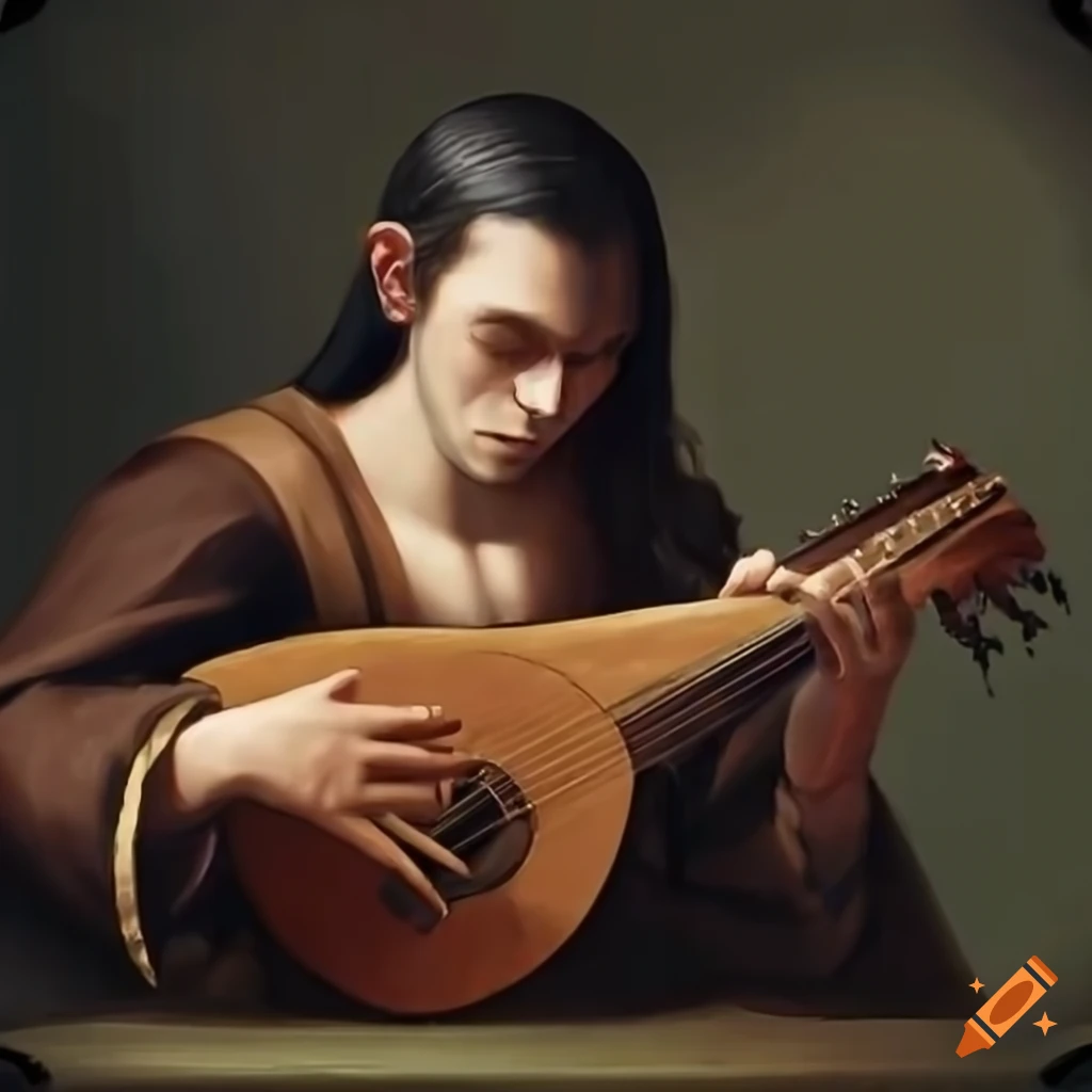 Dark haired man playing a lute on Craiyon