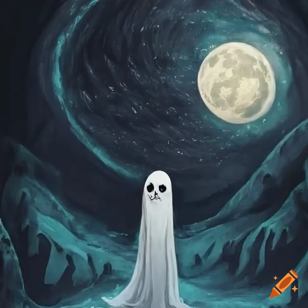 Ghost on top of the moon in a drawing on Craiyon