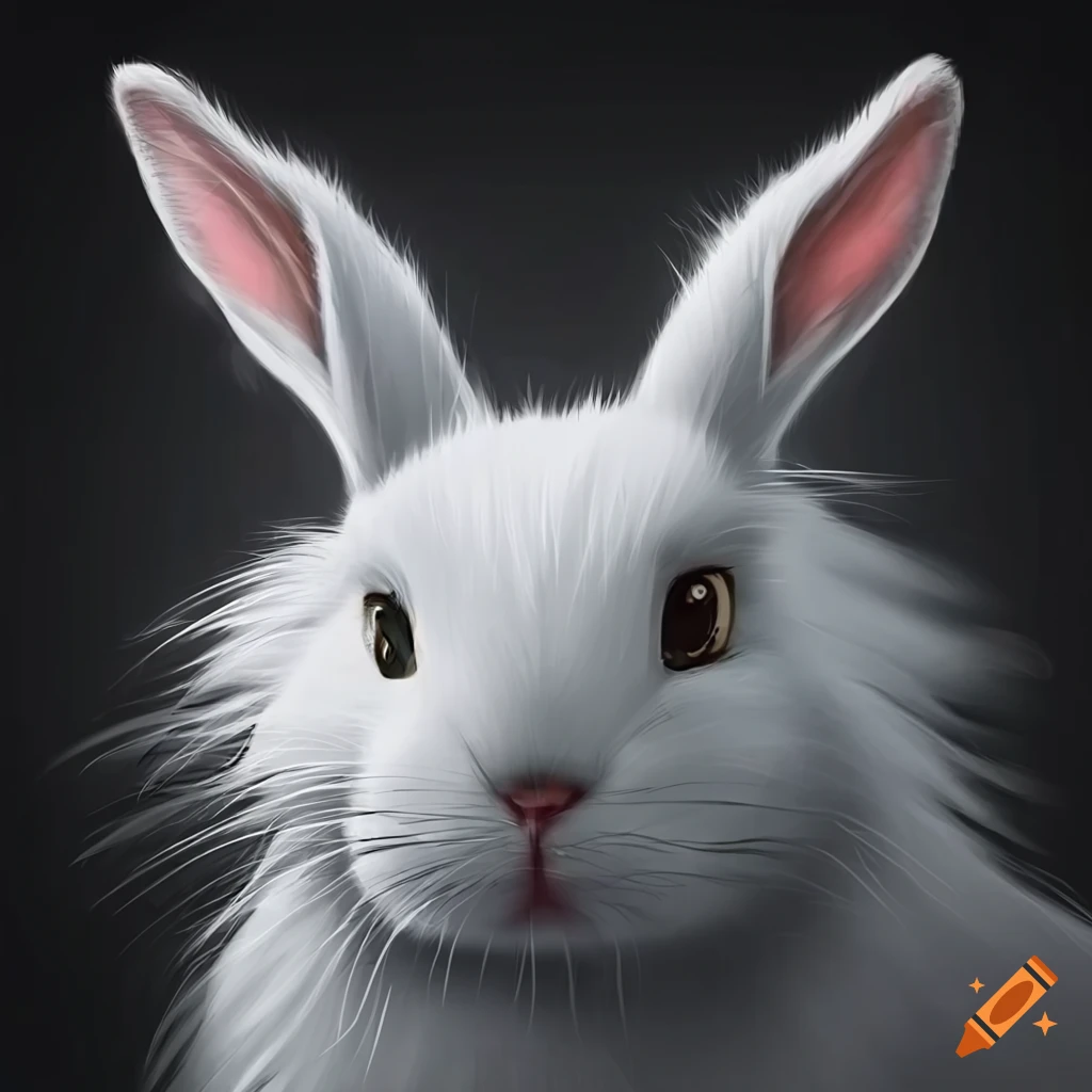 Adorable white rabbit with detailed fuzzy fur and soulful green eyes on ...