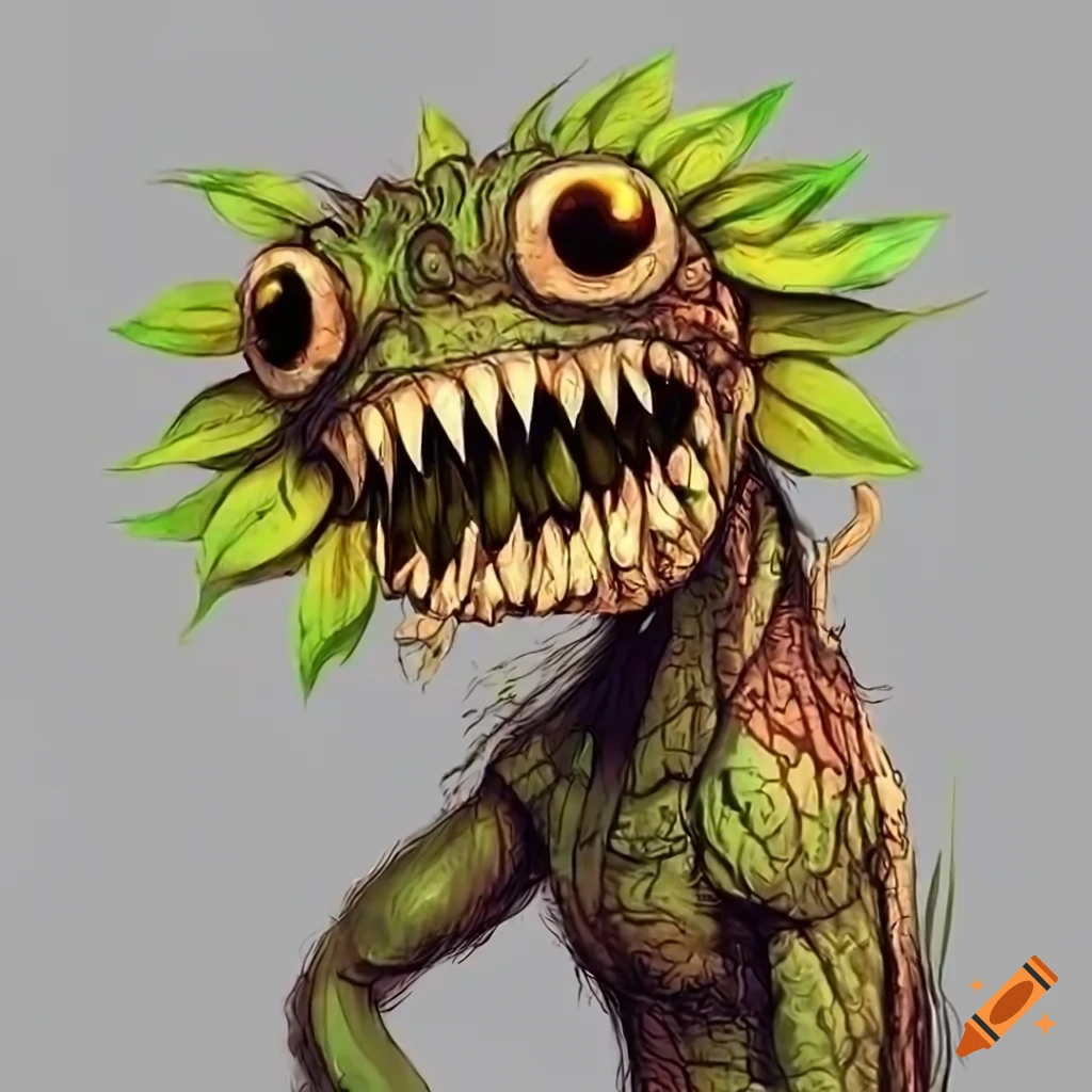 Adorable monster with sunflower head and leaf arms dancing in warm ...