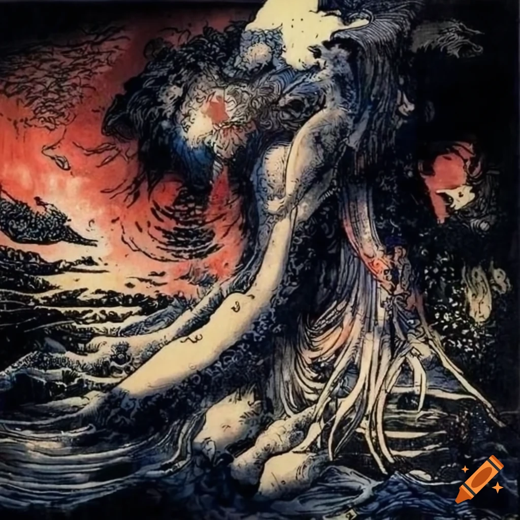 Illustrated painting of Japanese-style hell inspired by Hokusai, Yoshitaka Amano, and Takato ...