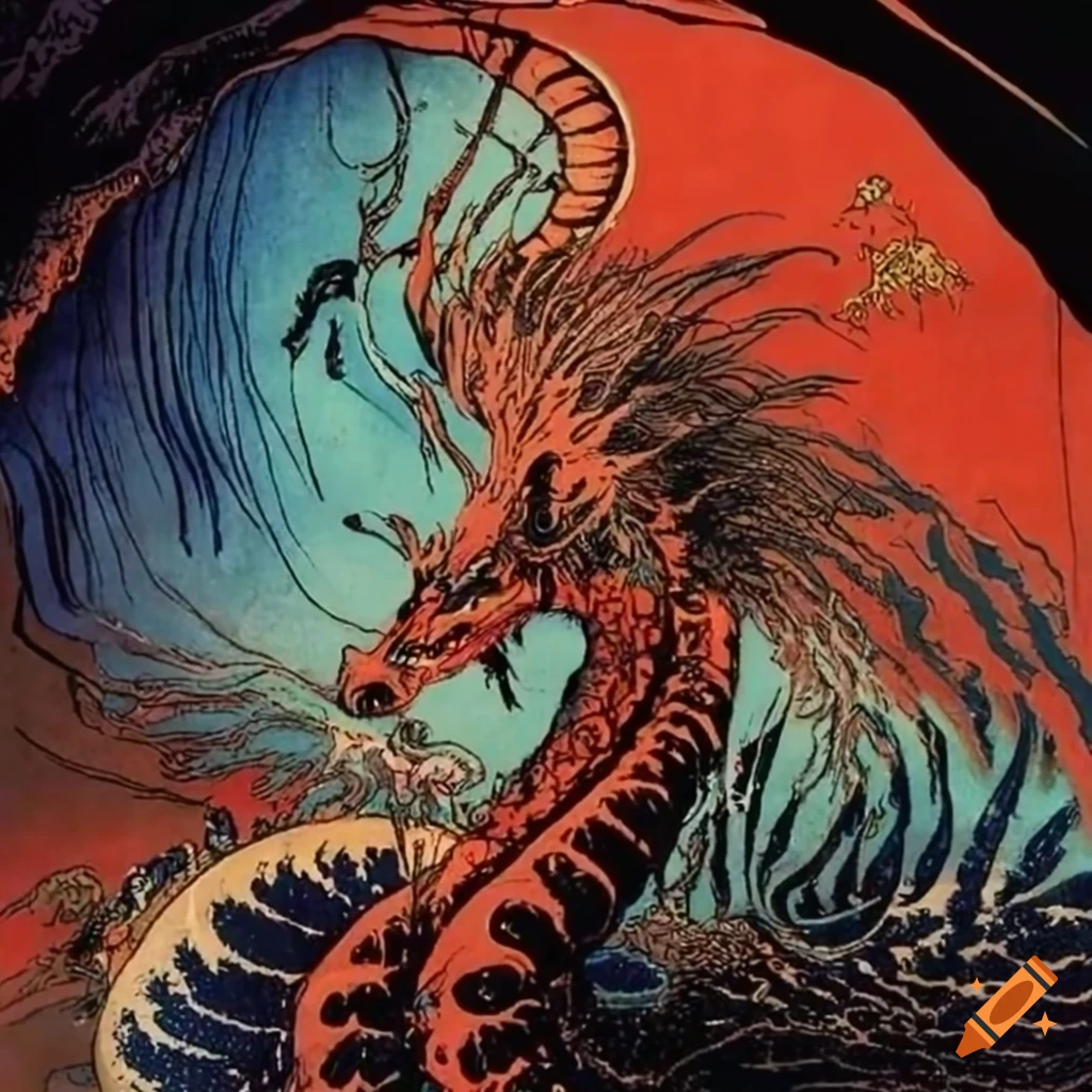 Japanese art style dragon depicting hell inspired by Ryunosuke Akutagawa's "The Hell Screen" on ...