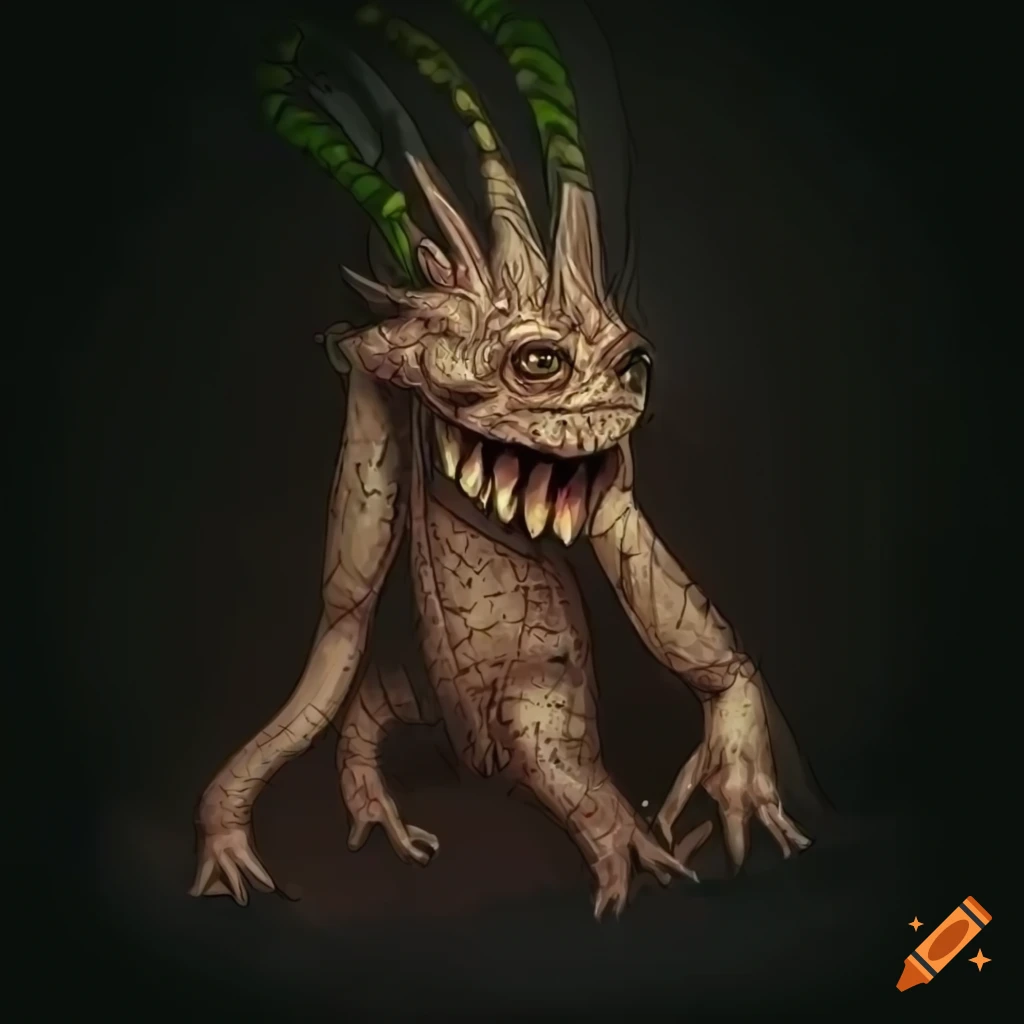 Adorable dancing monster with braids and leafs, detailed scaly skin in ...