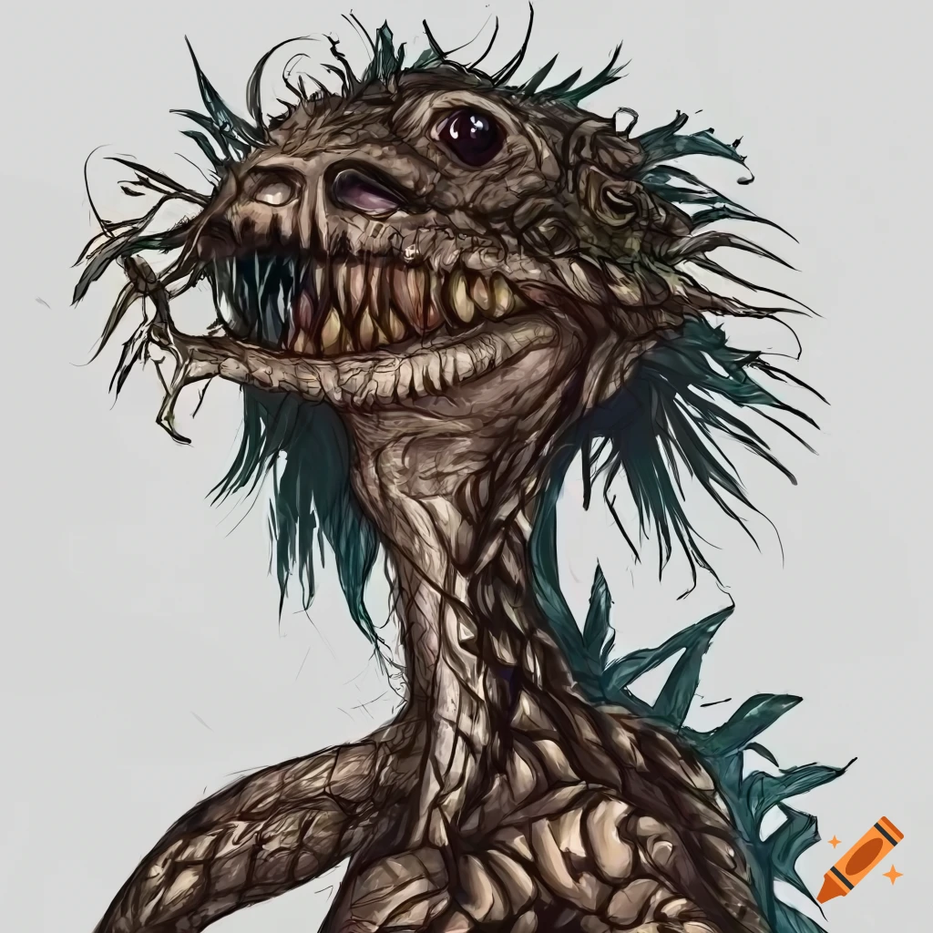 Adorable monster with detailed scaly skin and braid hair, surrounded by ...
