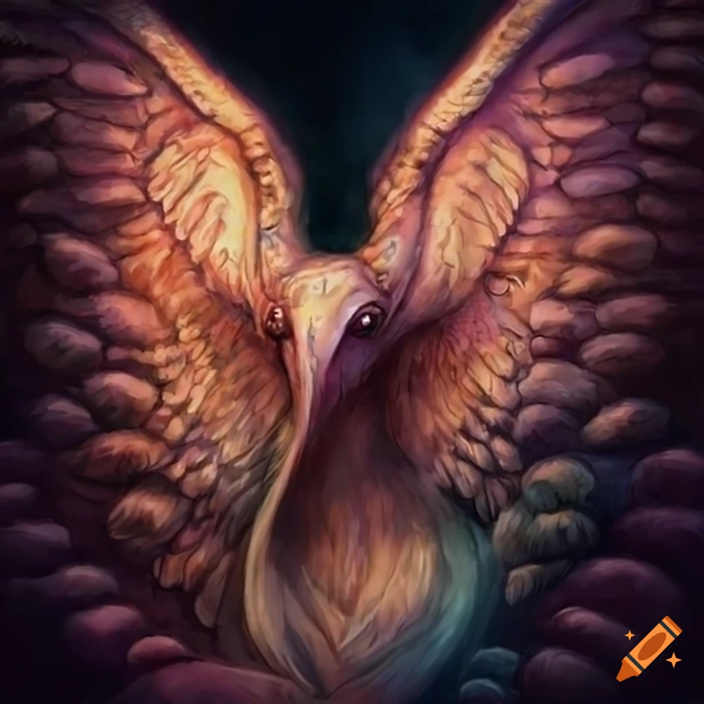 Detailed drawing of a monster with silky fur, feathery wings, and ...