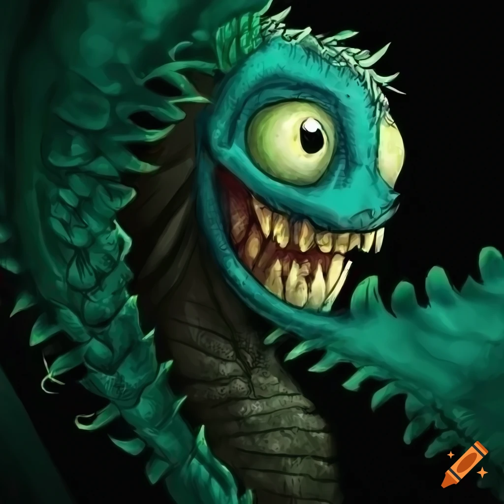 Adorable monster with detailed scaly skin and braid hair, surrounded by ...