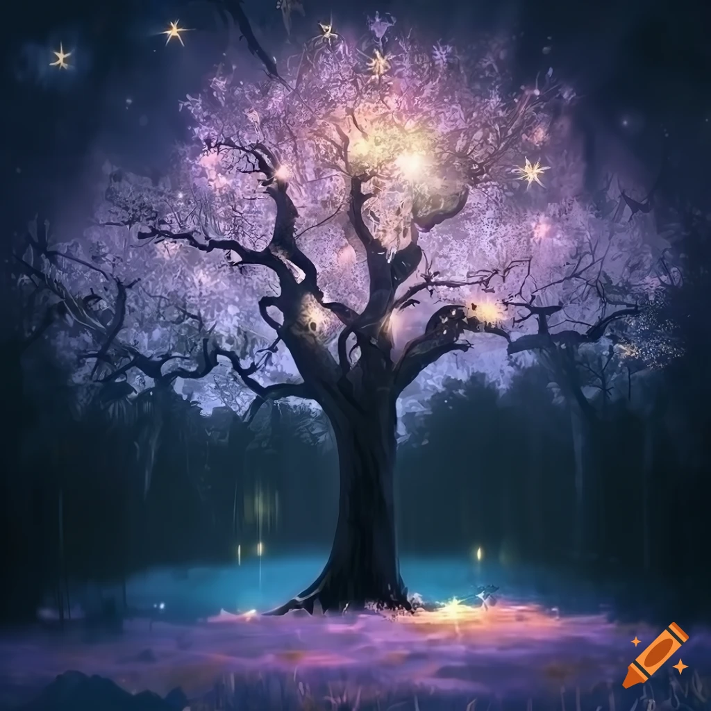 Celestial blossom oak tree with glowing silver and gold leaves in a ...