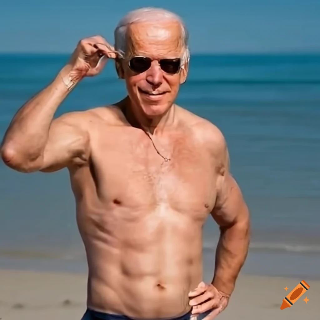 Smiling joe biden with open shirt on the beach on Craiyon