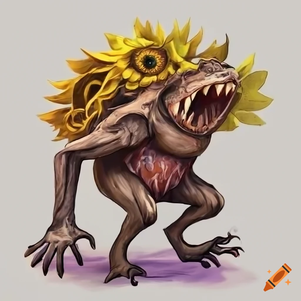 Adorable dancing monster with sunflower head and scaly skin on Craiyon