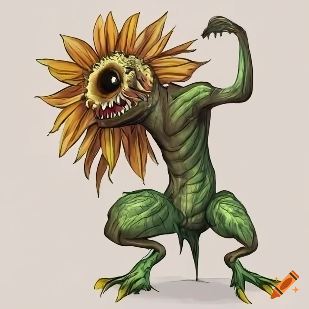 Adorable monster with sunflower head and leaf arms dancing in warm ...