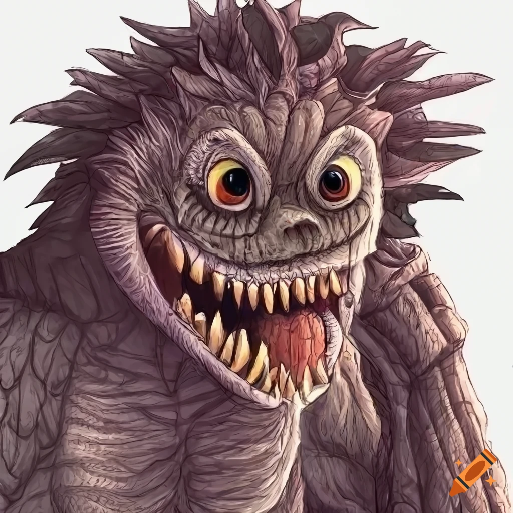 Adorable monster with sharp teeth, scaly skin, and braids in a ...