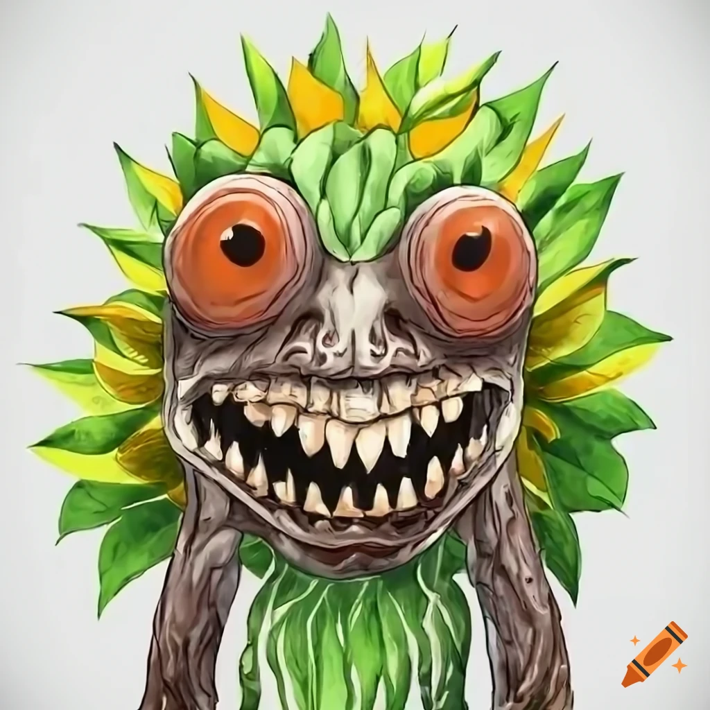 Adorable dancing monster with sunflower head and leaf arms on Craiyon