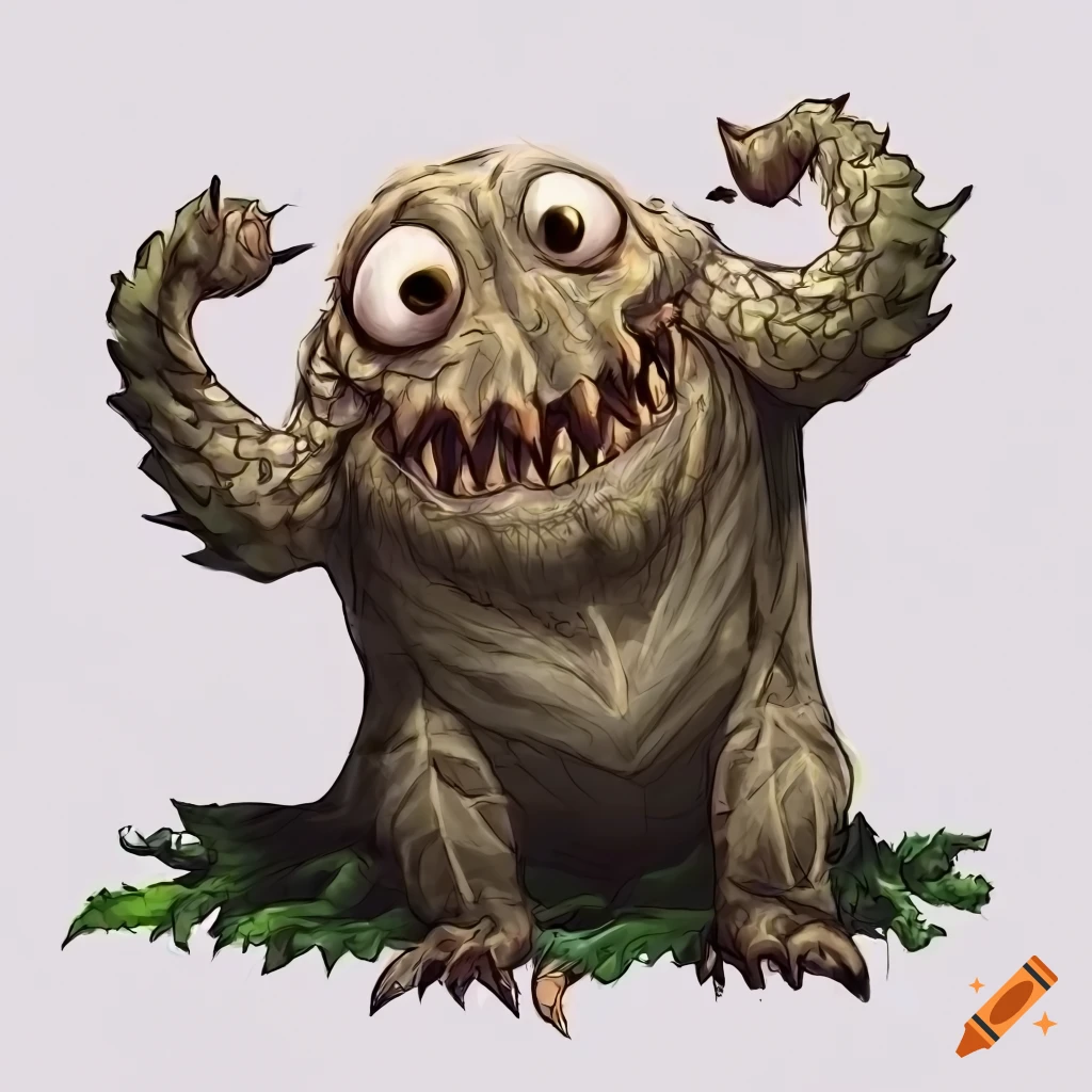 Adorable monster with sharp teeth, detailed scaly skin, and green leafs ...