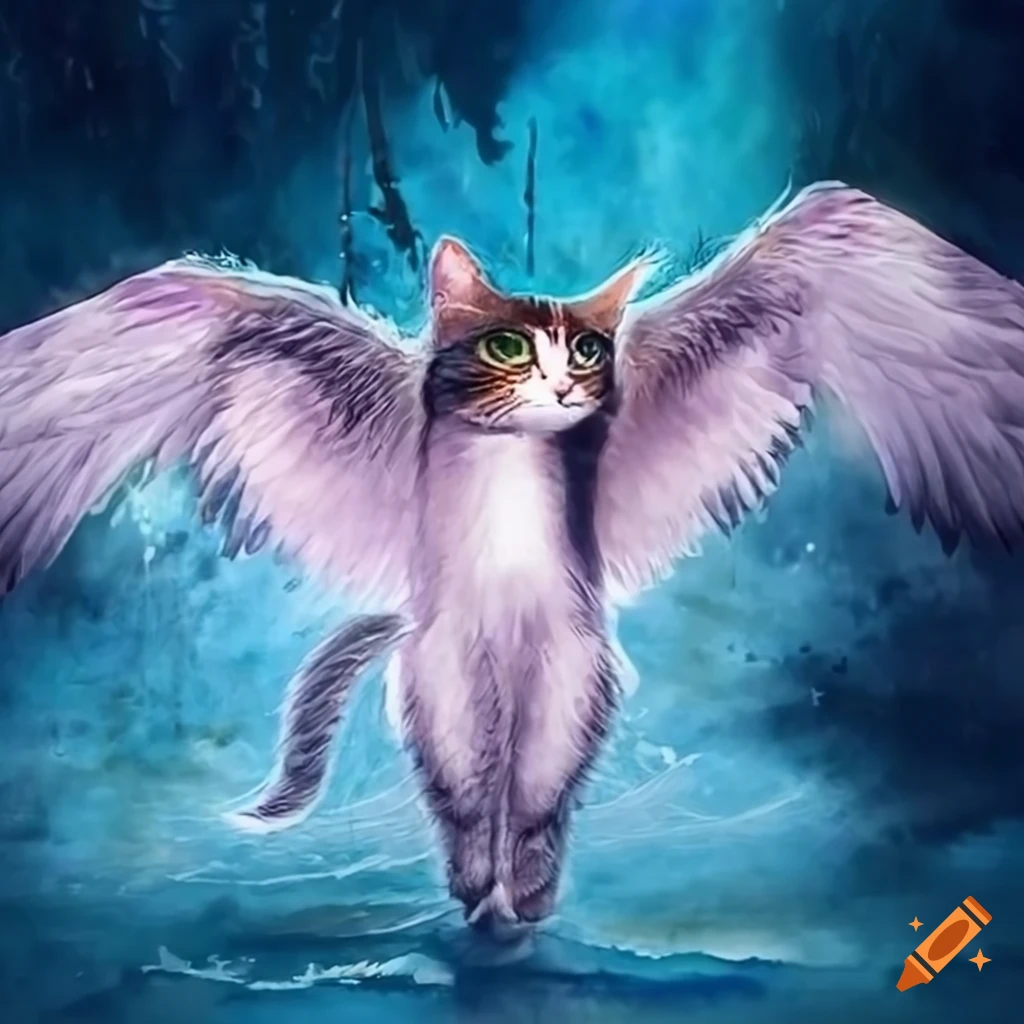 Detailed drawing of a winged cat in mountain landscape on Craiyon