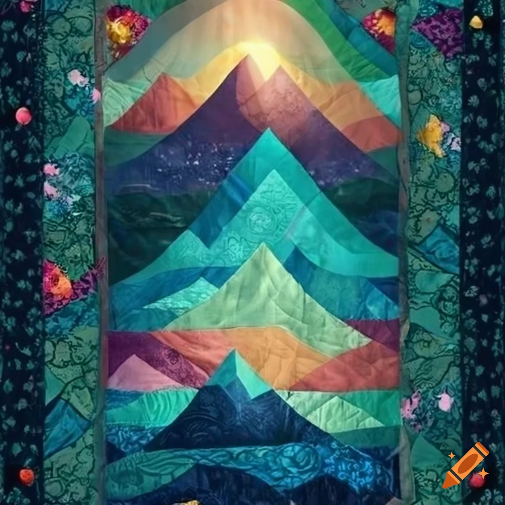Nature-inspired quilt pattern with fairy tale elements and mountains on ...