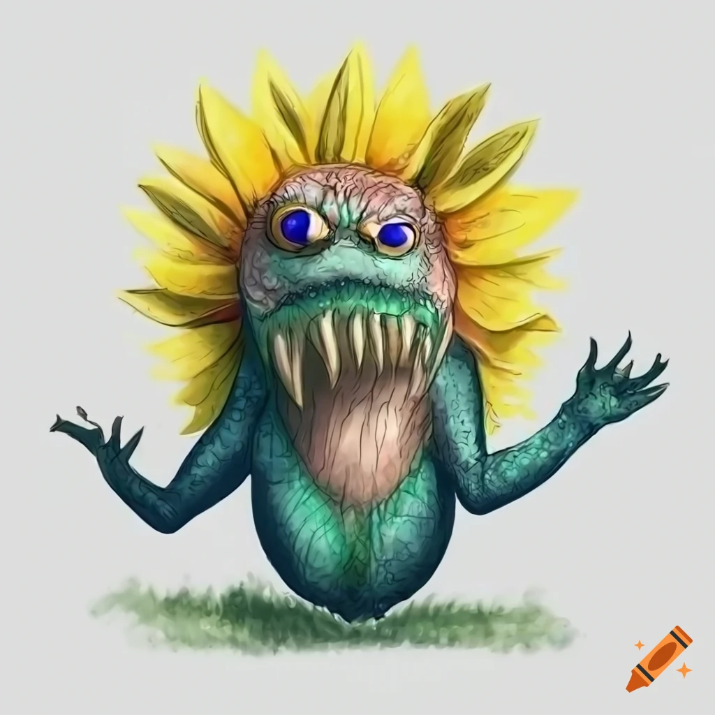 Adorable dancing monster with sunflower head and scaly skin on Craiyon