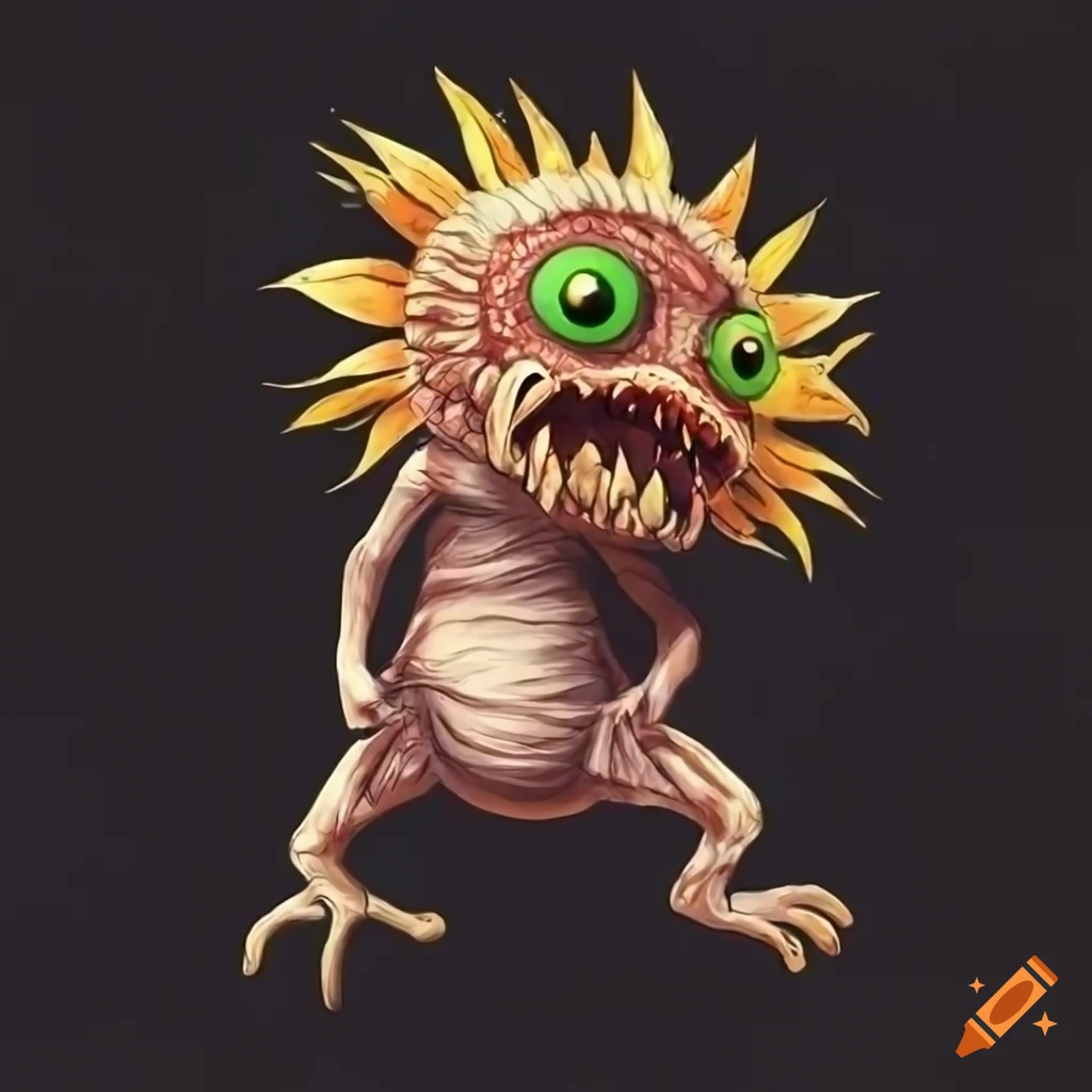 Adorable dancing monster with sunflower head and leaf arms on Craiyon