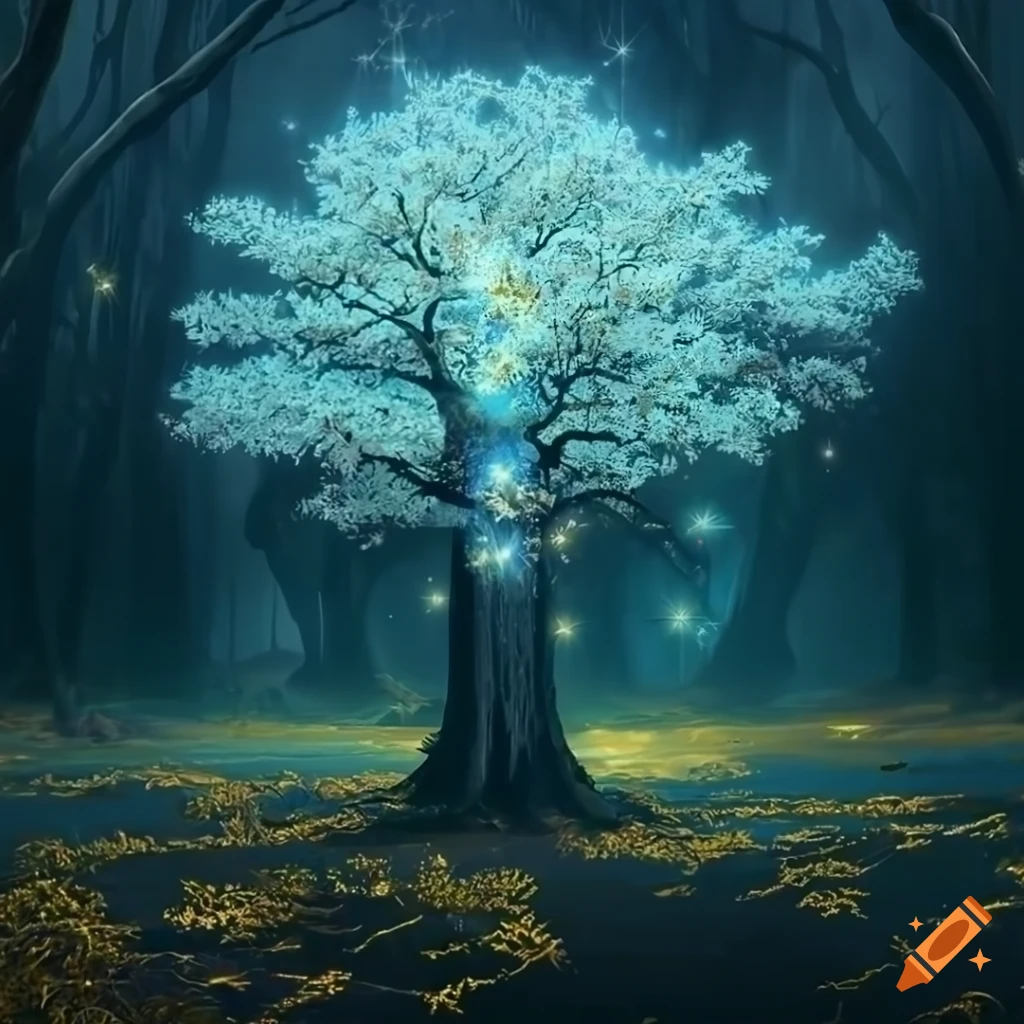 Celestial bloom oak tree with glowing silver and gold leaves in a mystical forest on Craiyon