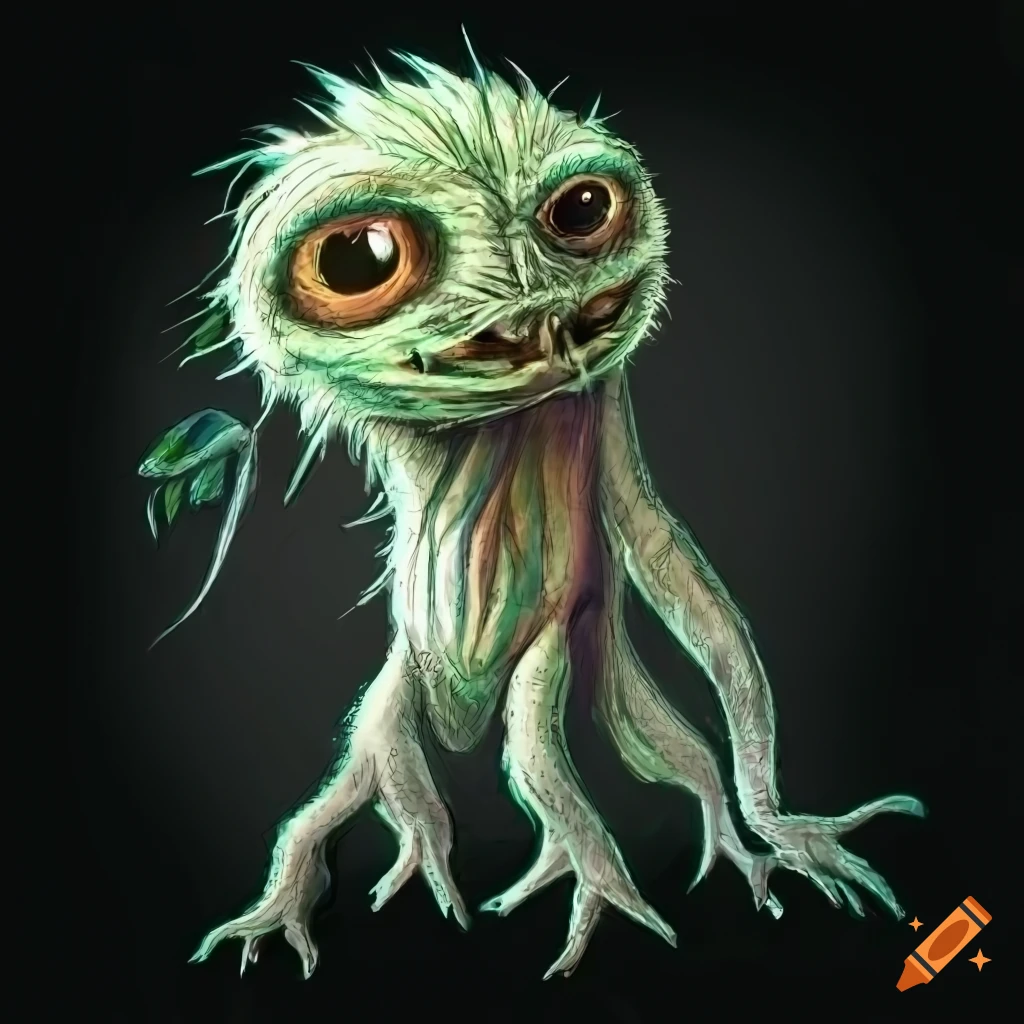 Drawing of an adorable monster with sharp teeth and scaly skin on Craiyon