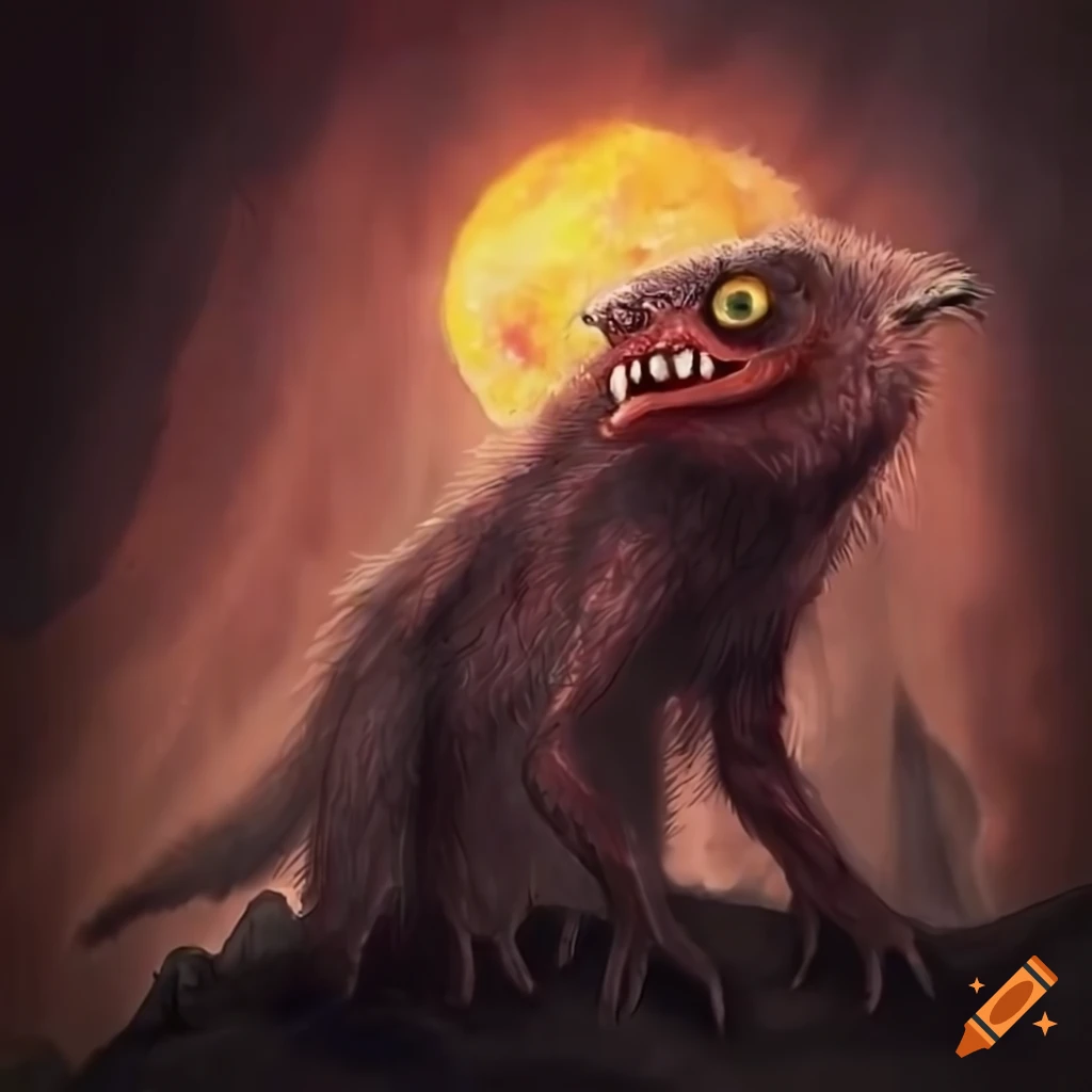 Child's drawing of a monster in the mountains with detailed fur and ...