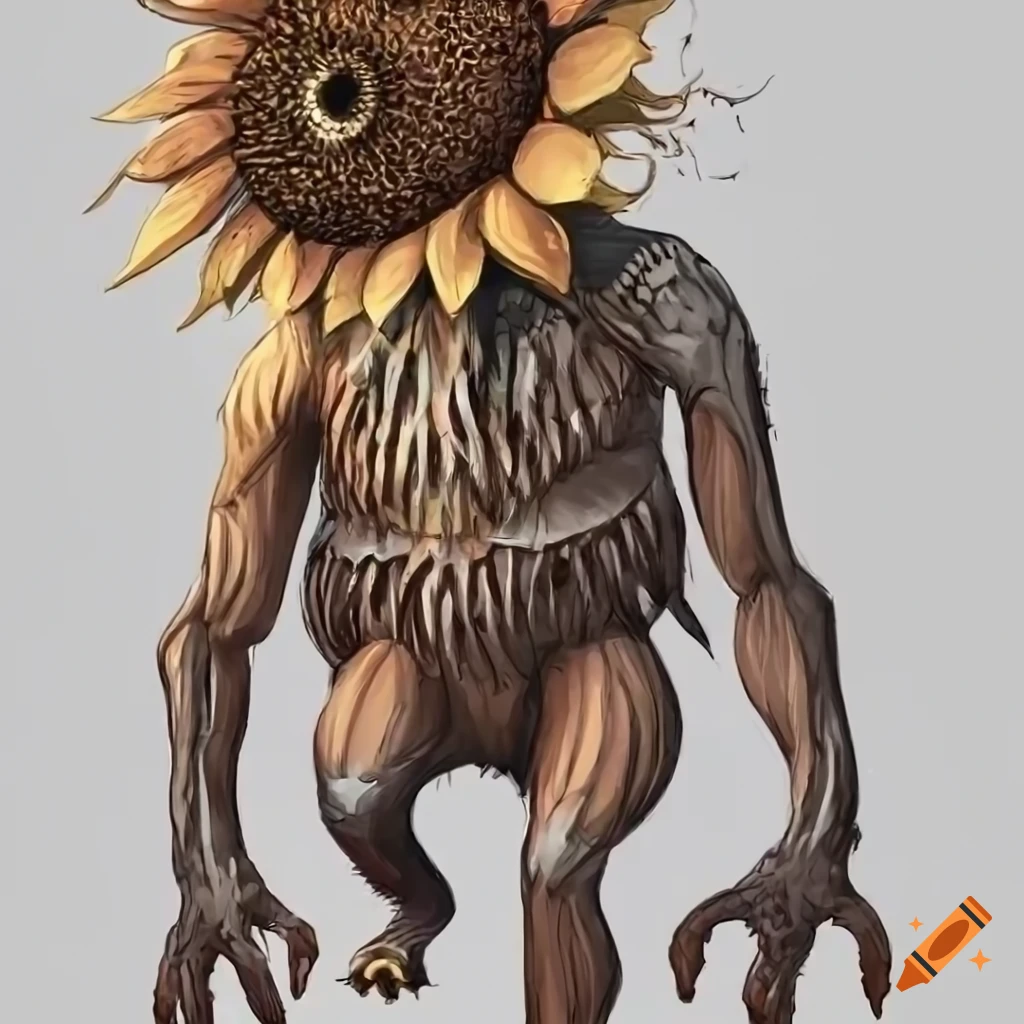 Adorable dancing monster with sunflower head and scaly skin on Craiyon