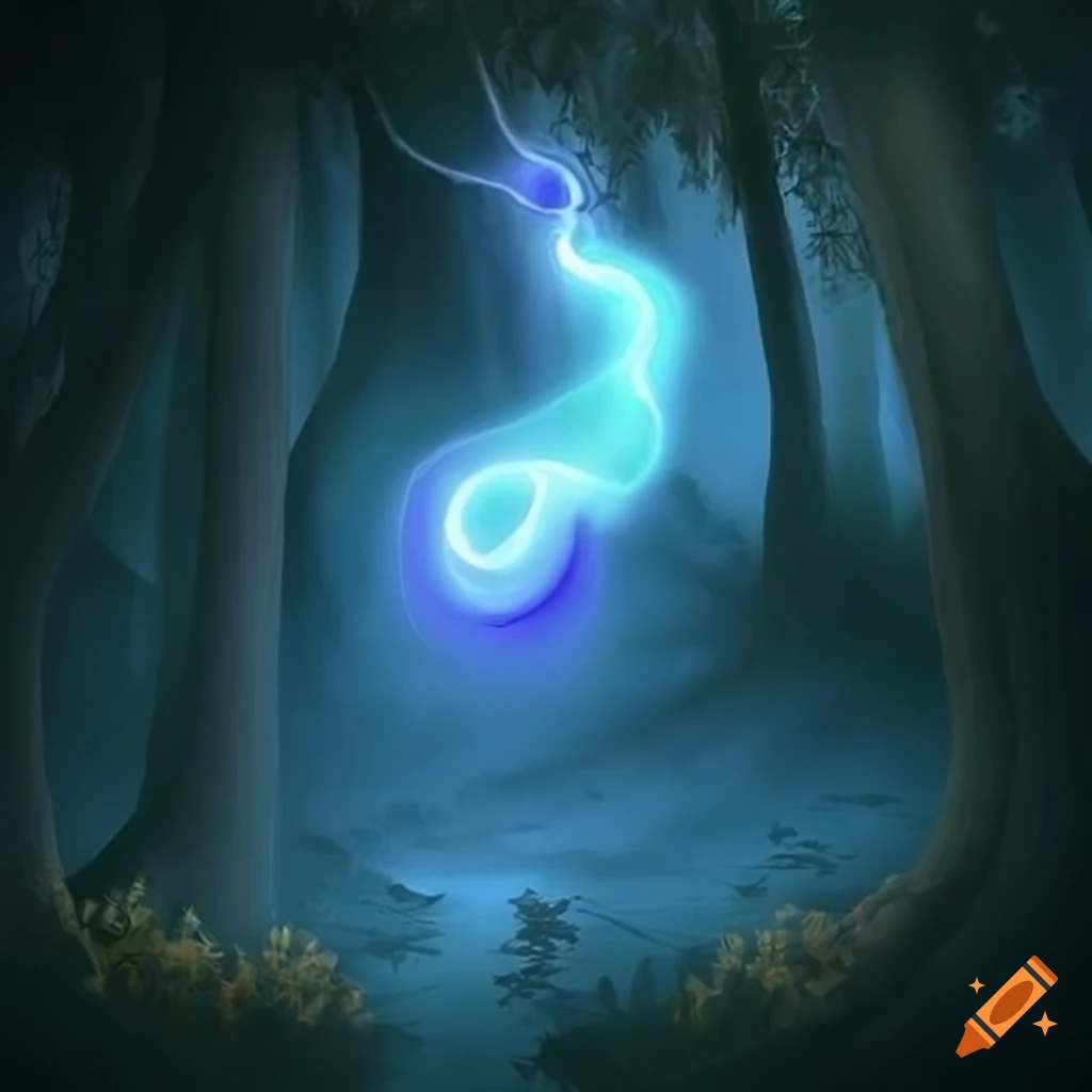 Glowing will-o'-the-wisp in an enchanted forest with silver and gold ...